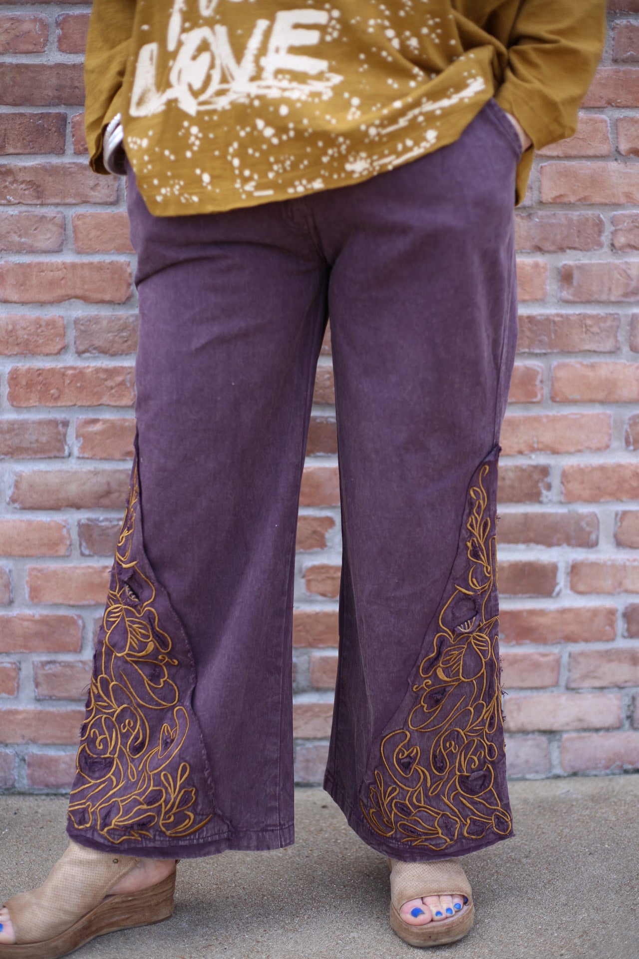 Paper Lace Denim Pant with Cutwork-Brown/Plum – Fashion House