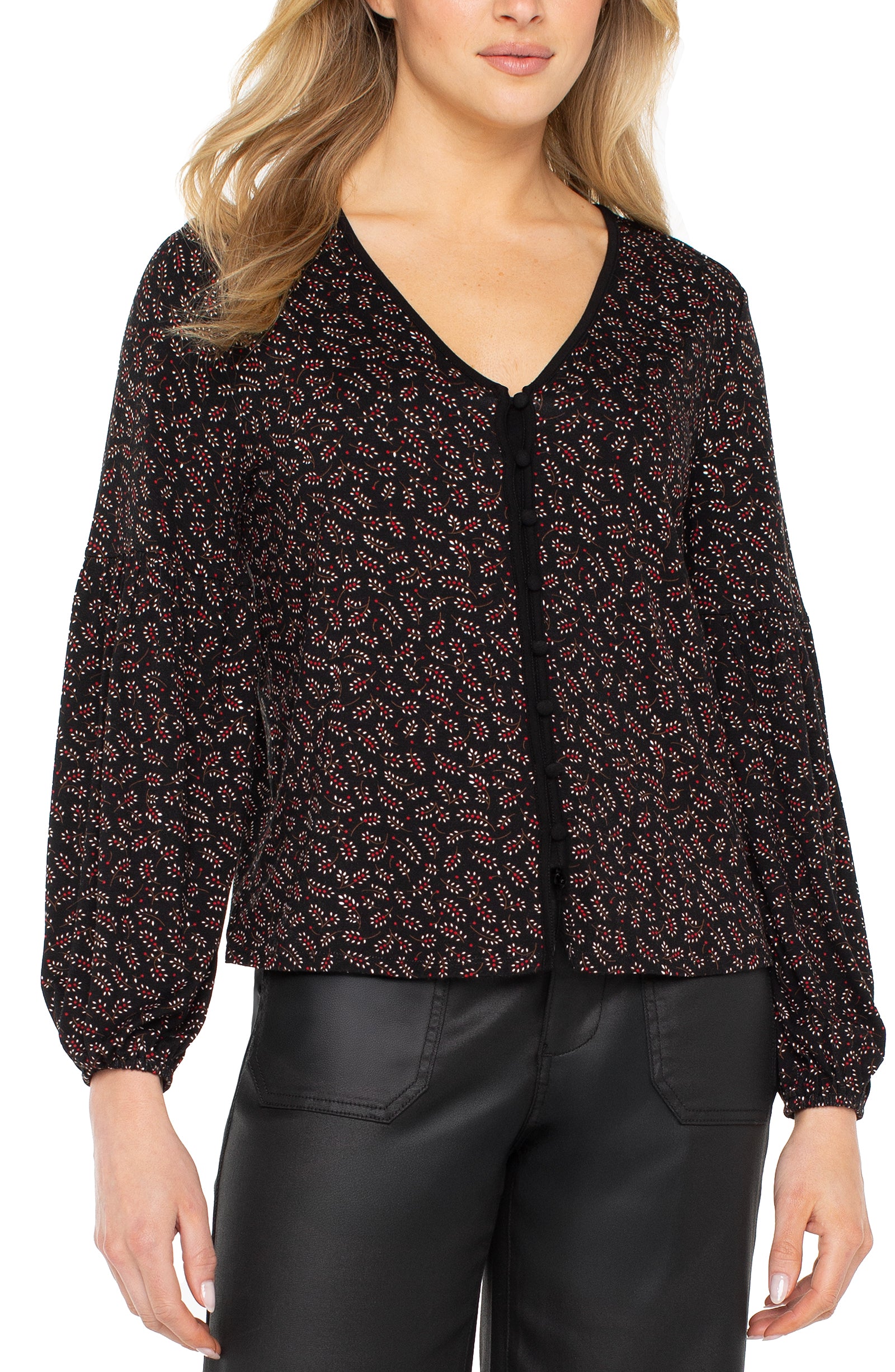 Liverpool Button Front Knit Top | Black/Red Ditsy – Fashion House